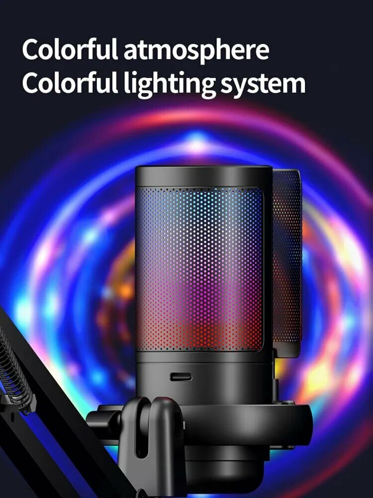 Студийный конденсаторный микрофон белый для стриминга с RGB подсветкой — фото 1