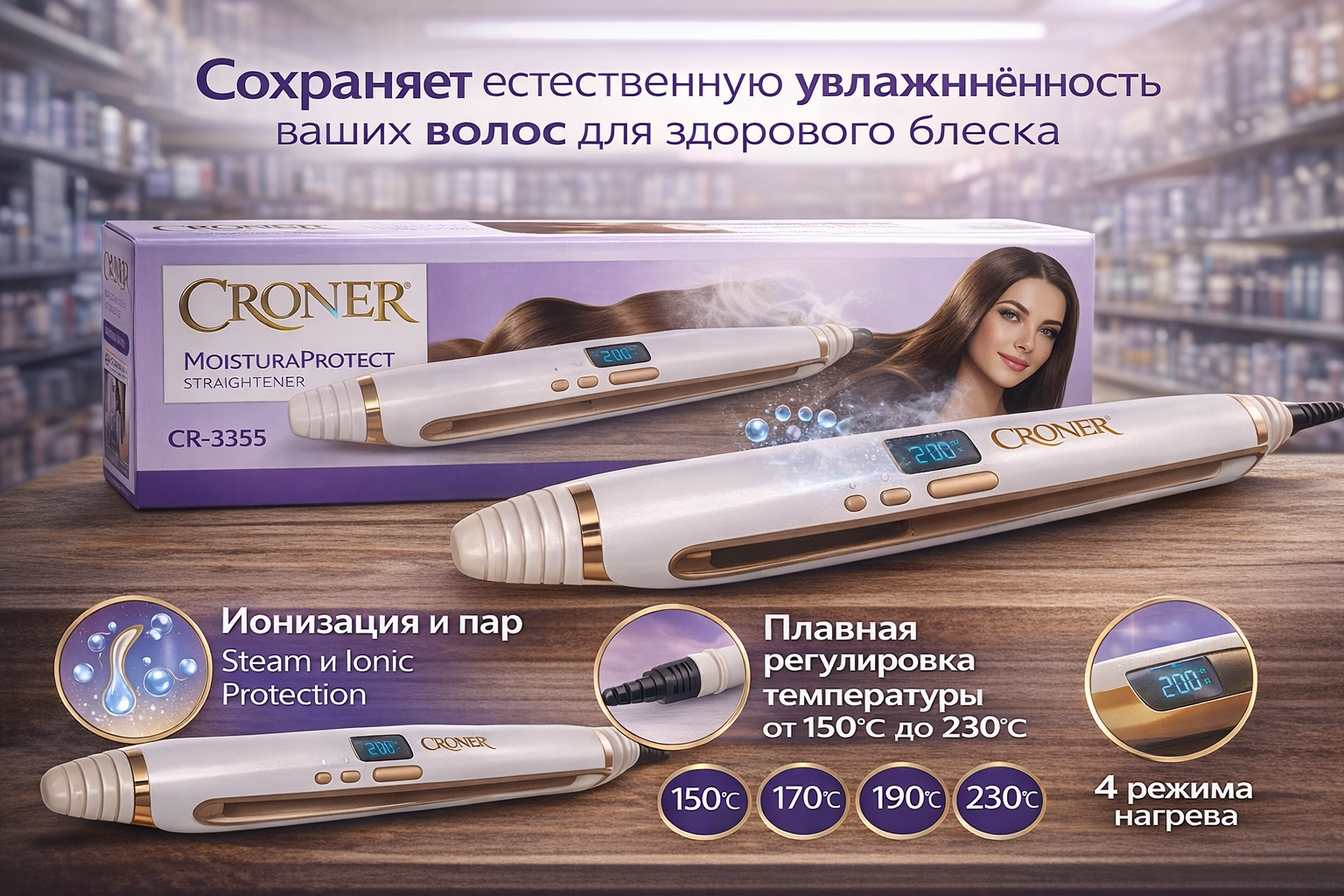 Выпрямитель для волос CR-3355 с пароувлажнением, LCD дисплеем и керамическими пластинами