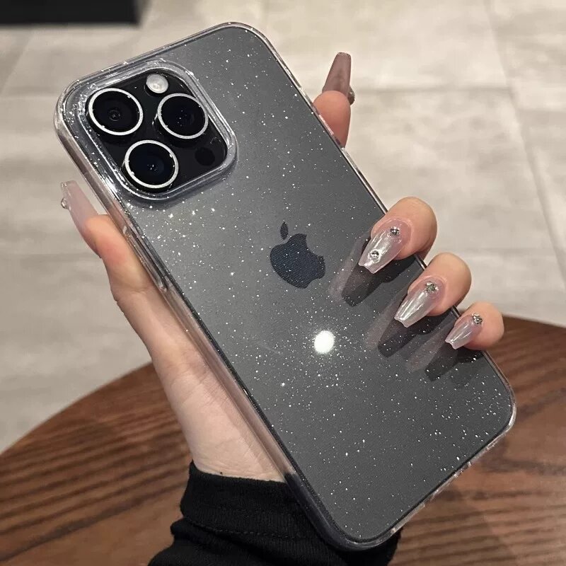 IPhone 16 Прозрачный Тонкий Жесткий Чехол с Мерцающим Покрытием и Большим Отверстием для Линзы