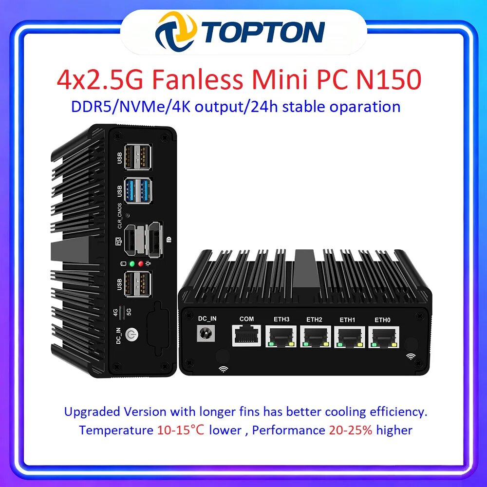 Мини-ПК Topton X2E/X2G на Intel N150/J6412/J5005/6305 4x2.5G Intel N150 DDR5, No Ram No Storage