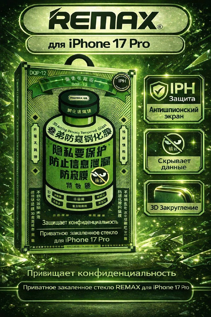 Стекло антишпион для iPhone 17 Pro, REMAX PRIVACY противоударное бронестекло для Айфон 17 Про