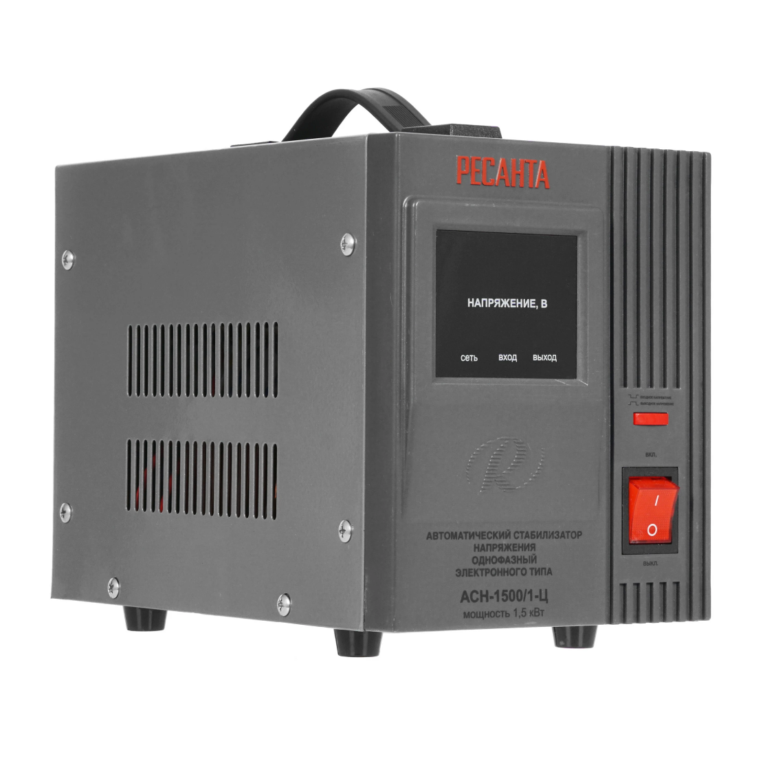 Стабилизатор напряжения РЕСАНТА АСН-1500/1-Ц, однофазный, релейный, 1.5 кВт, 7.9 А, цифровой LED-дисплей, серый