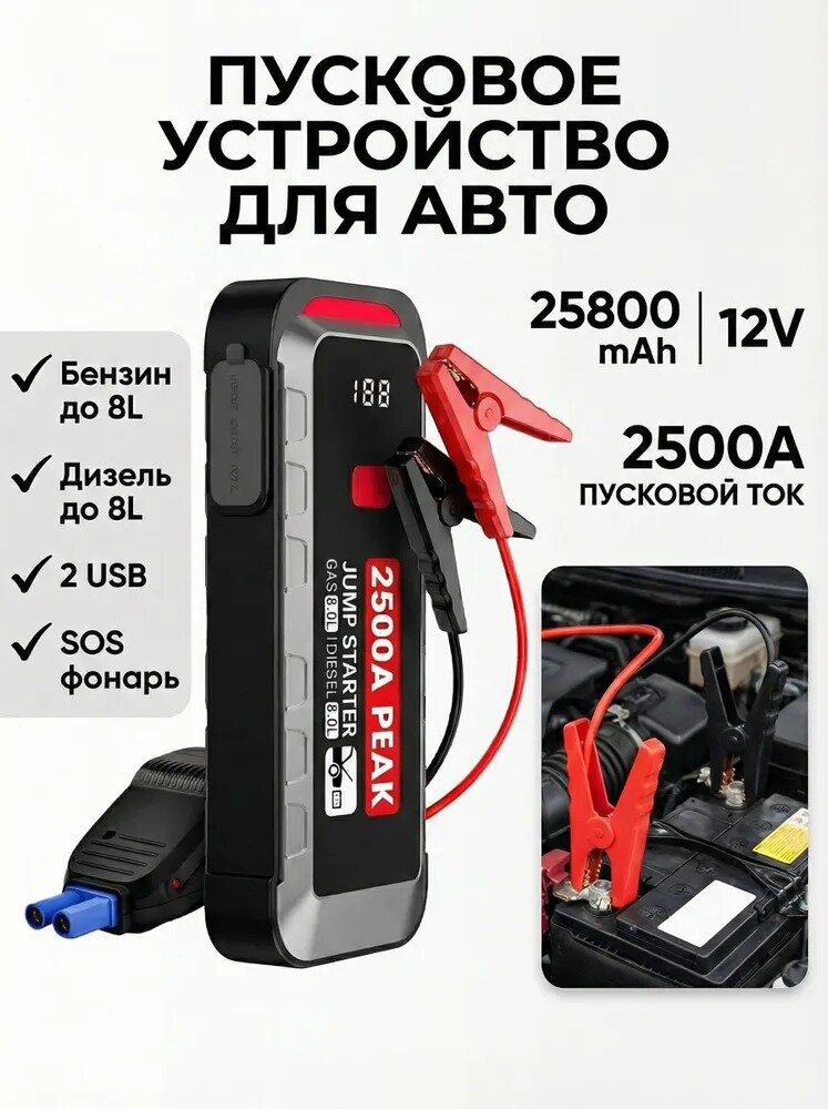 Пуско-зарядное устройство 2500A (25800 mAh, 12V), бустер для авто, jump starter