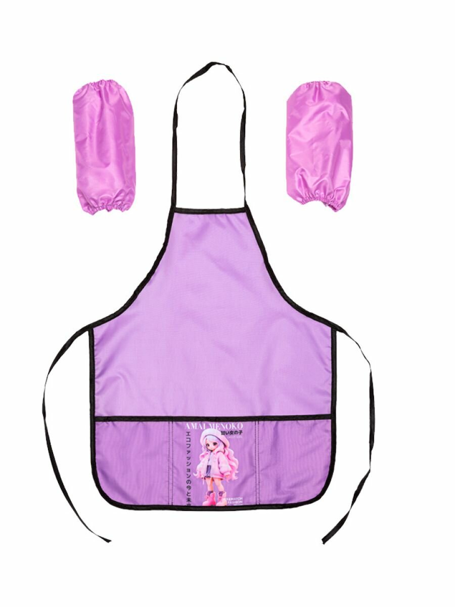 Фартук детский школьный художественный для рисования Amai Menoko, 45x54 см (M), с нарукавниками, 3 кармана, водоотталкивающая ткань