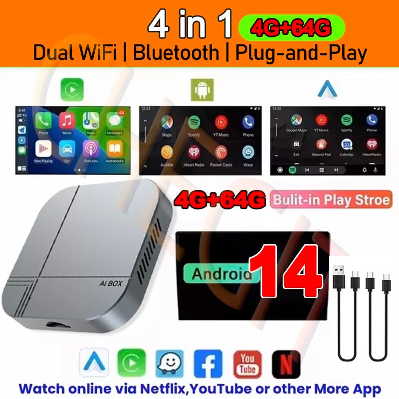 4IN1 4+64G Android 14 CarPlay Smart AI Box Android Auto Беспроводной адаптер CarPlay, 2+16G, 4G-64GB