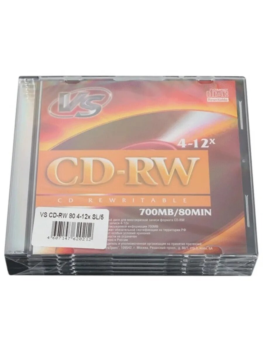 Диск CD-RW VS 700 Mb, 4-12x, Slim Case, комплект 5 шт.