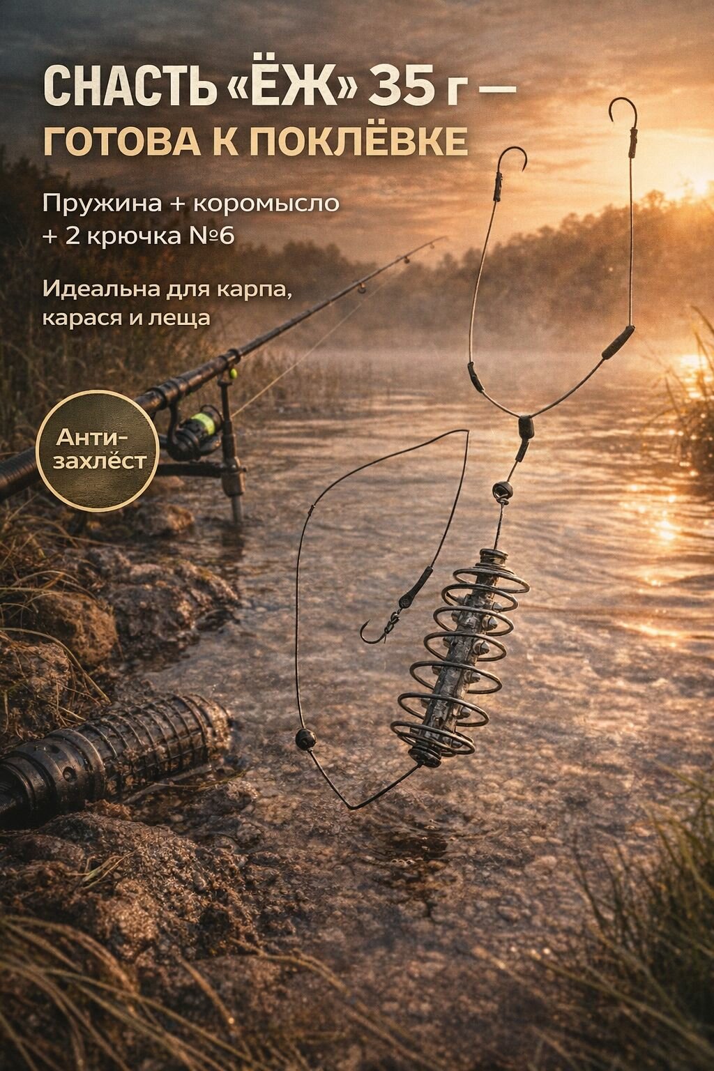 Готовая фидерная/донная оснастка Ёж 35 г с коромыслом антизахлёст, 2 крючка №6, 0,5 м