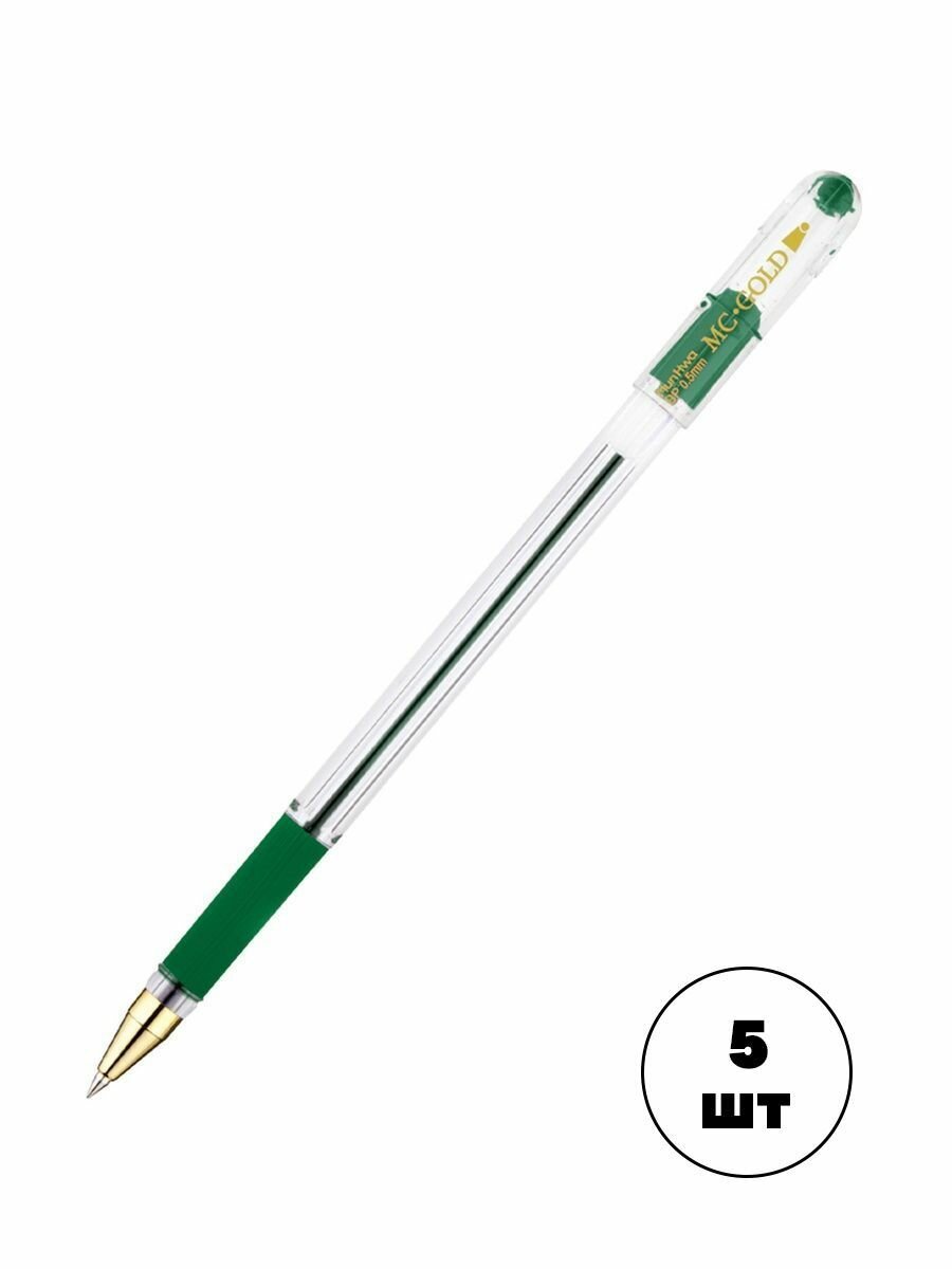 Ручка шариковая MunHwa "MC Gold" зеленая, 0,5мм, грип, штрих-код (5 шт), BMC-04