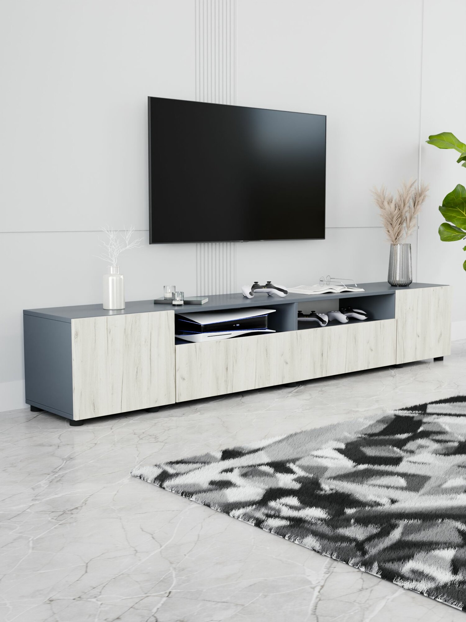 Тумба под телевизор горизонт 200х37.8х36.3 см, графит-дуб крафт белый