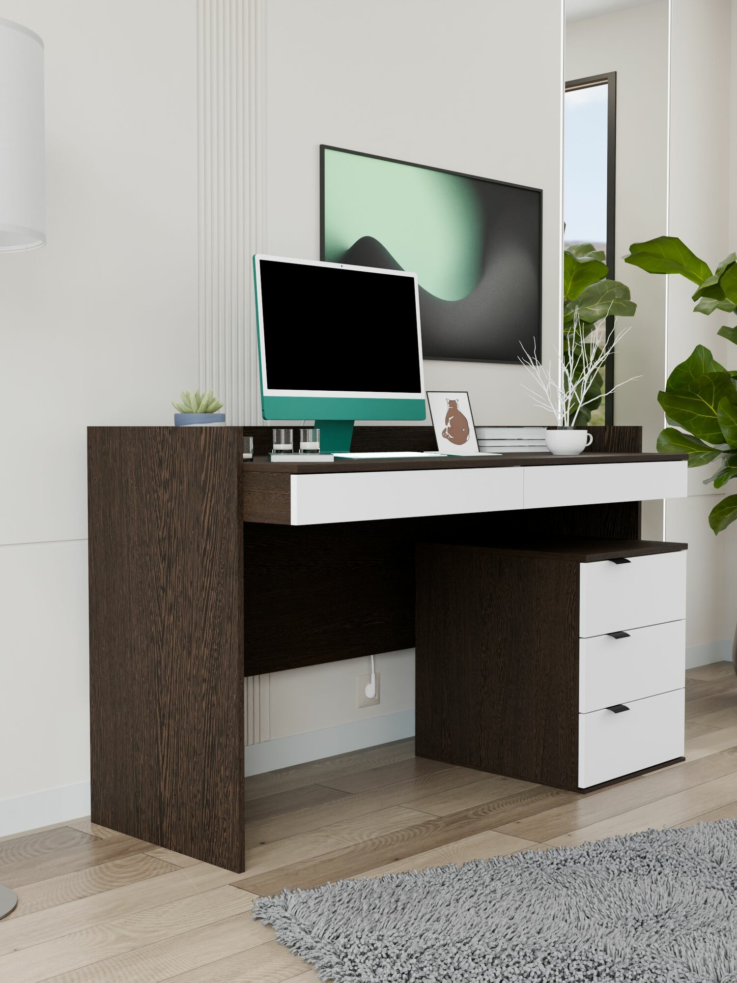 Изумлит Стол компьютерный для офиса и дома Бастион 140х87х64.5 см, корпус+столешница венге/фасад белый