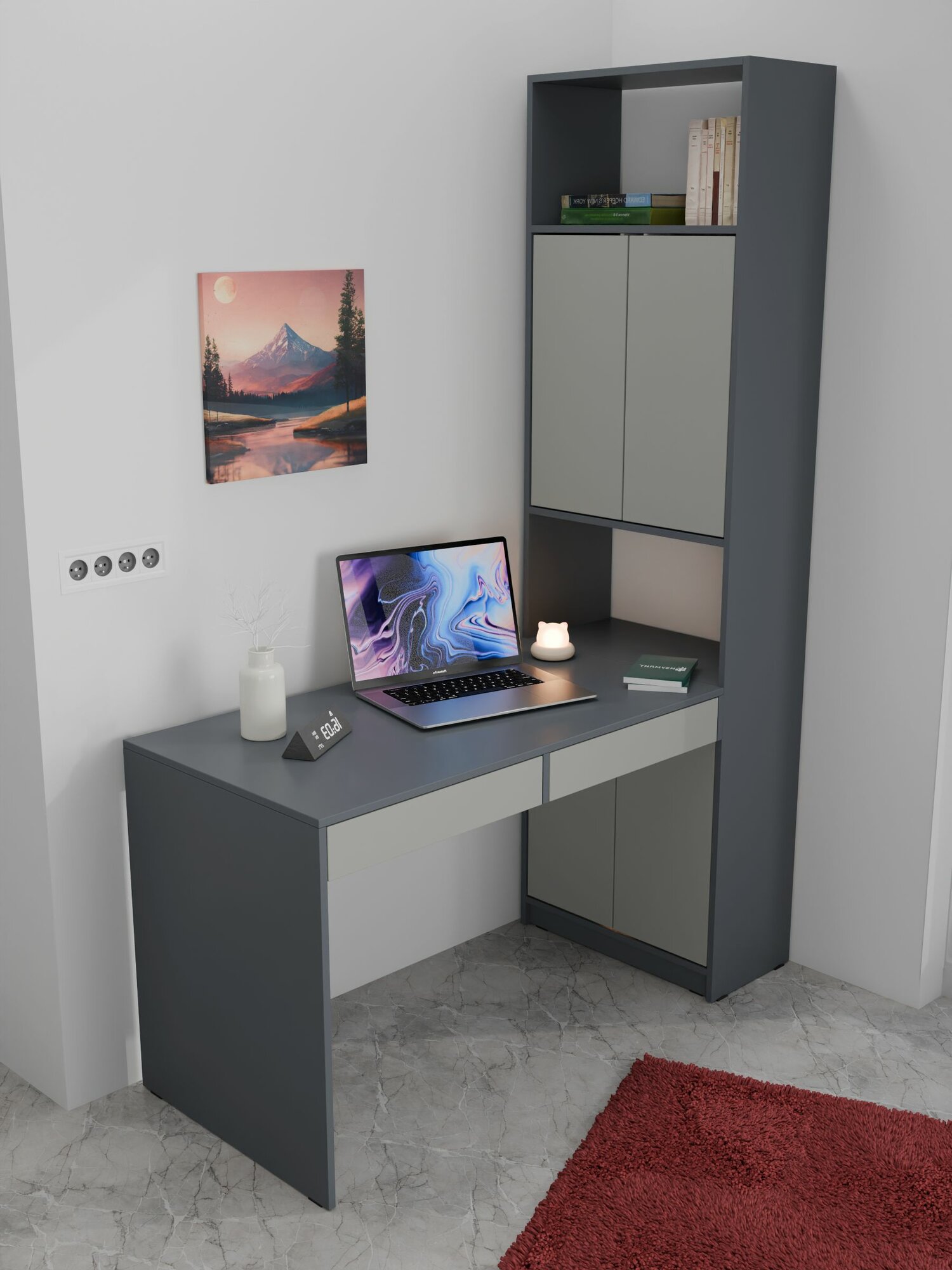 Изумлит Стол-стеллаж с дверьми письменный угловой, стеллаж справа 200х140х59.2 см, графит-шиншилла серая