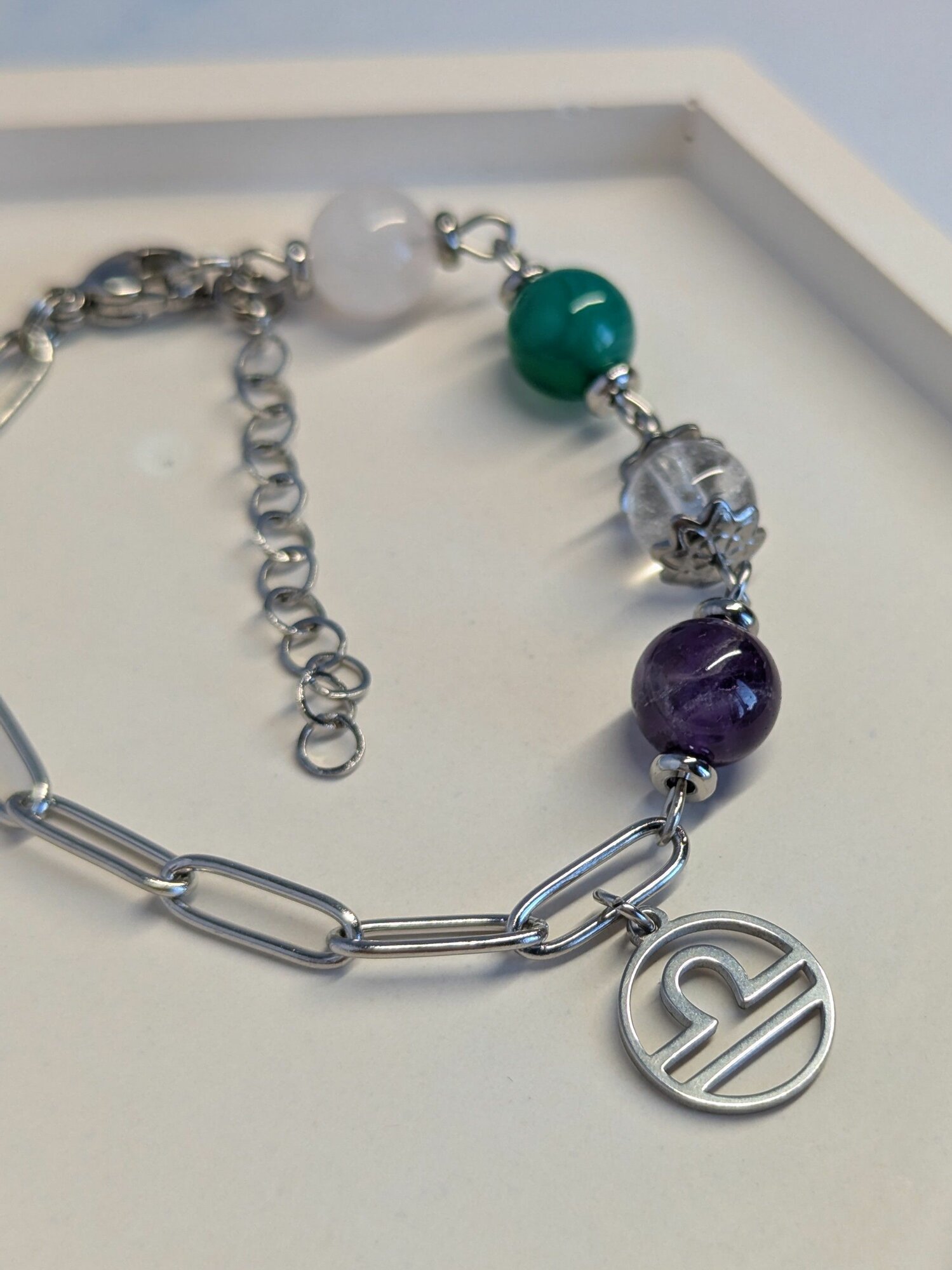 Браслет, горный хрусталь, кварц розовый, аметист, агат