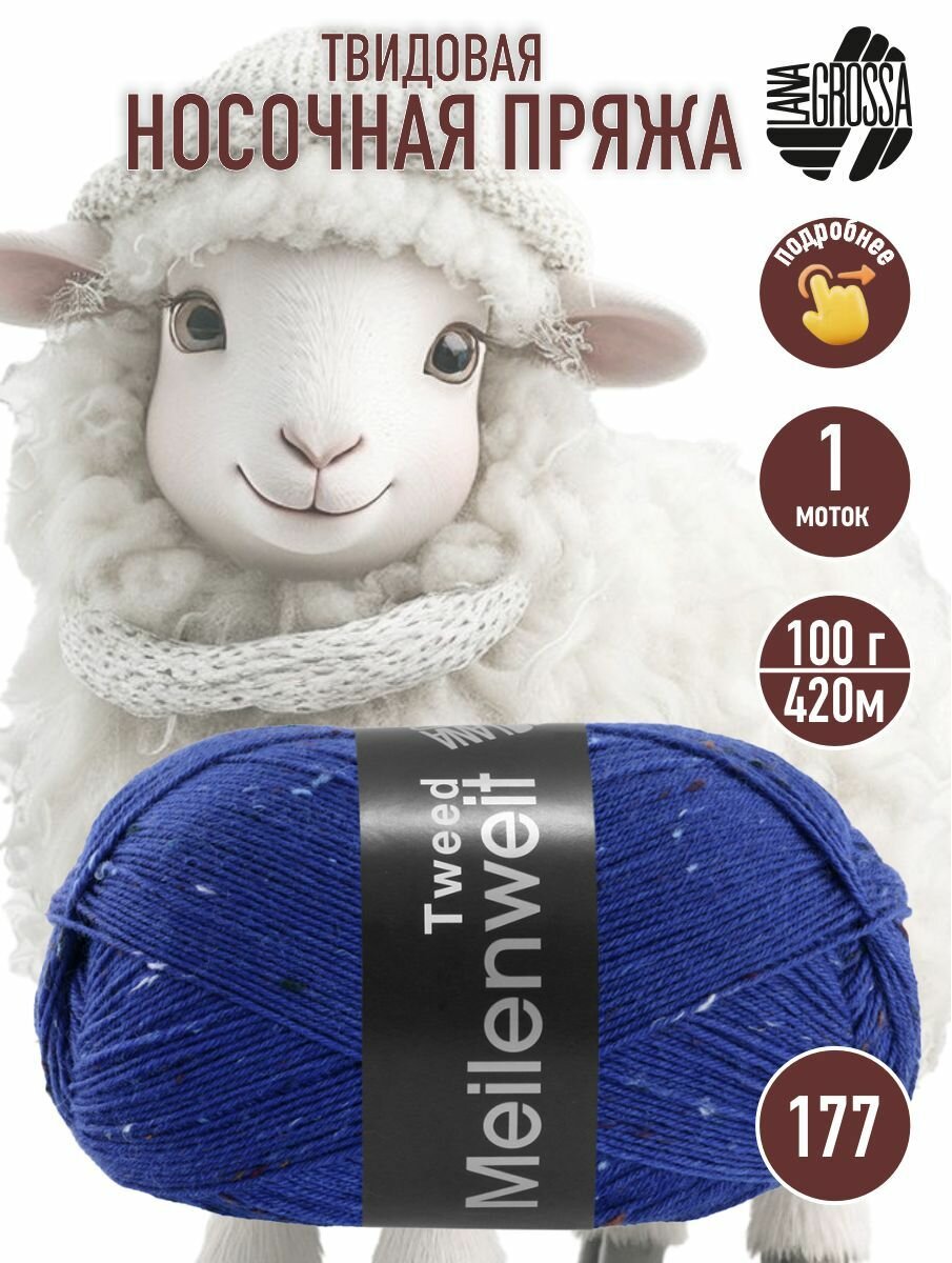Носочная пряжа Lana Grossa Tweed Meilenweit 100 (177 Royal) 80% Шерсть, 20% Полиамид. 1 моток 100г/420м