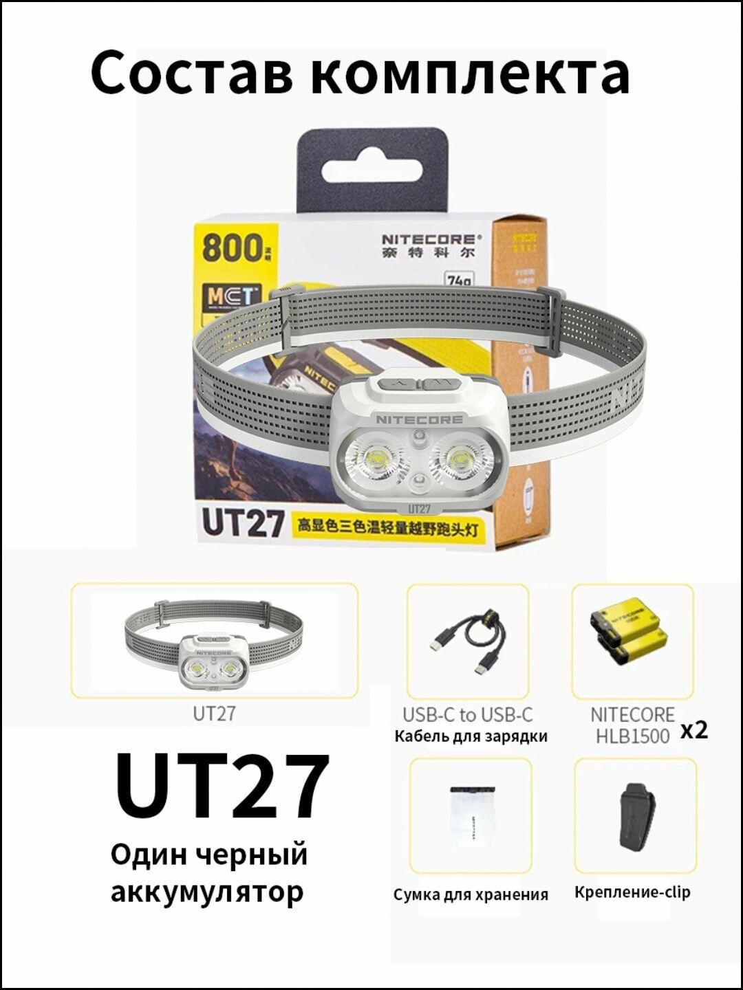 NITECORE UT27 фонарь на голове, белый цвет, 2 батарея