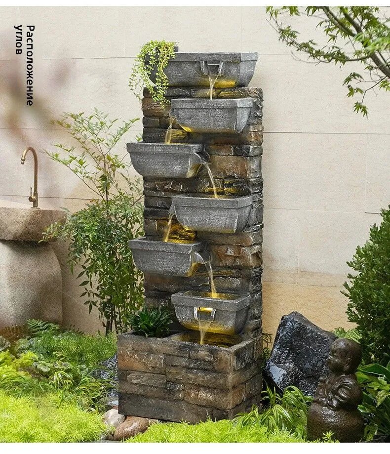 Садовый фонтан каскад из камня с подсветкой для дачи и сада