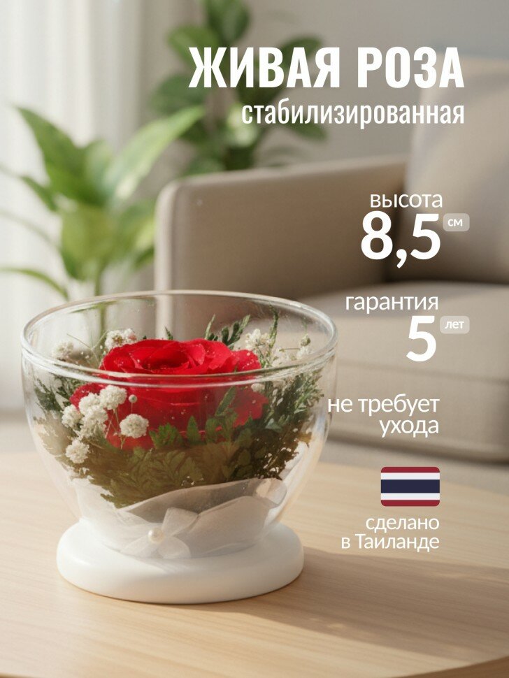 Красная роза в стекле (8,5 х 8,5 х 6 см)