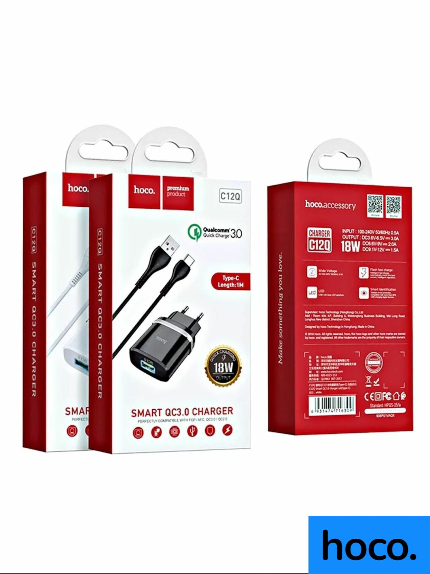 Зарядное устройство Hoco C12Q, Type-C, 18 Вт, кабель в комплекте, черное