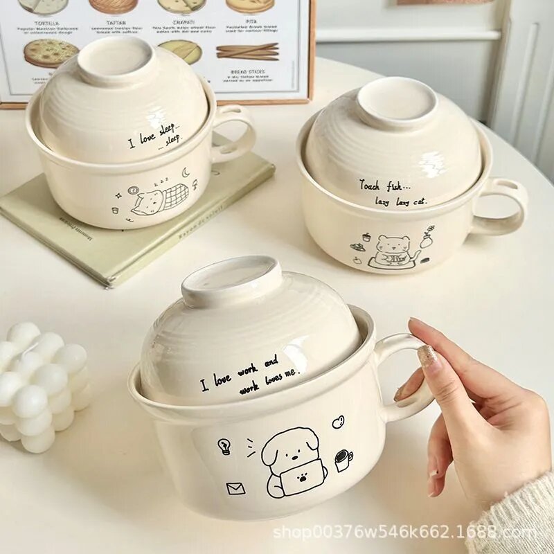 Супница, бульонница керамическая миска с крышкой и ручкой в японском стиле, для супа, лапши, бульона с милыми мультяшными узорами