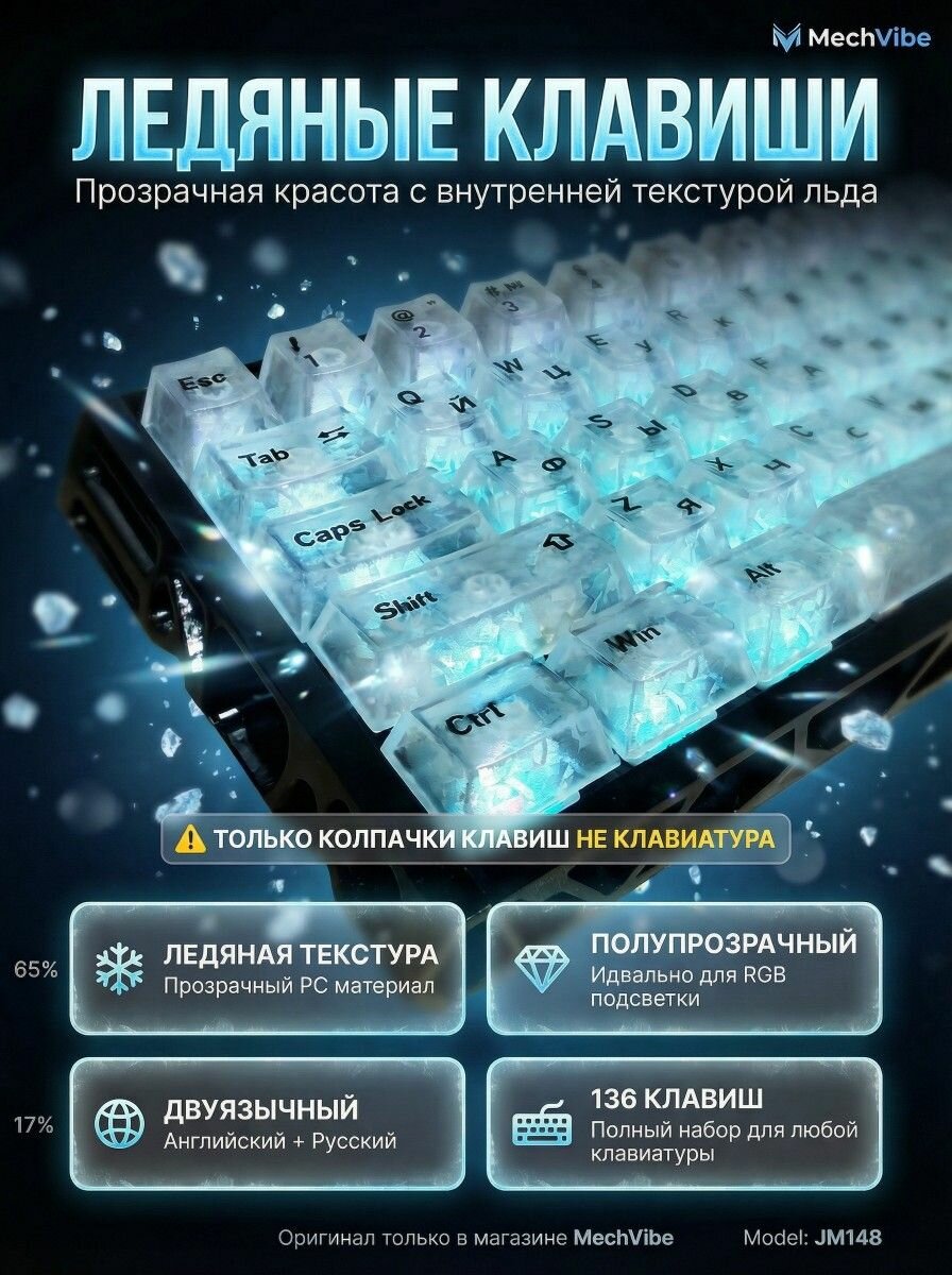 Кейкапы для механической клавиатуры, Ледяной Карбон (Ice Carbon), Русская раскладка, PC материал, Для Wooting 60HE/80HE / Aula F75 (75%)