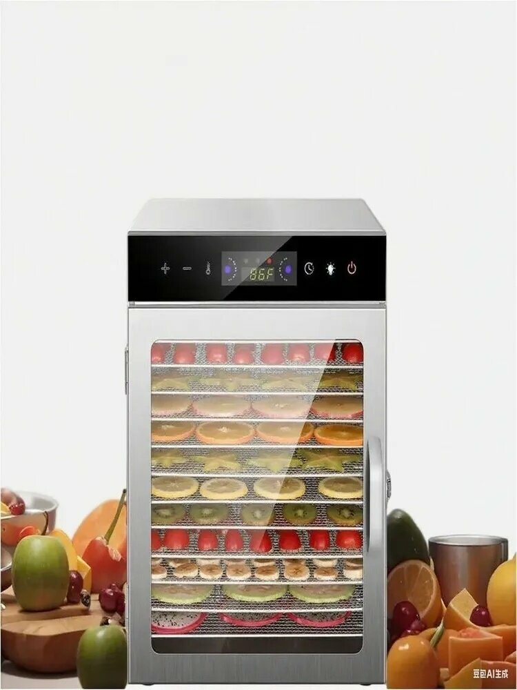 Сушилка для овощей, фруктов и мяса Beierbear-09, 12 стальных решёток 2 поддон для пастилы 12x белый силиконовый коврик, нержавеющая сталь Дегидратор