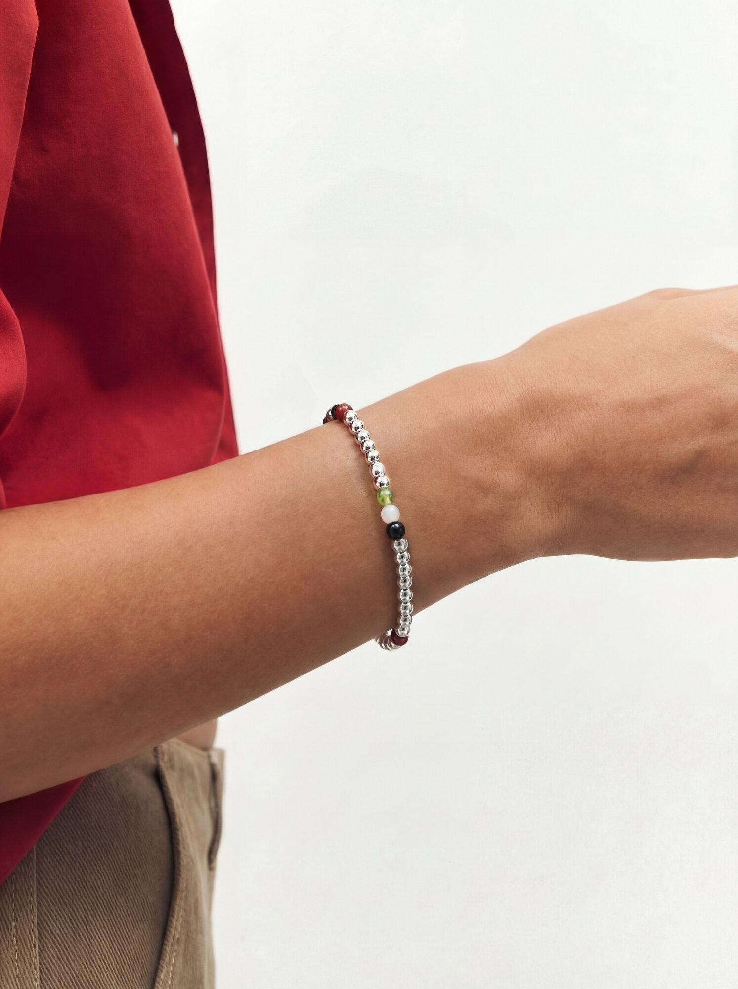 Браслет, серебро, 925 проба, хризолит, яшма, перламутр, оникс, сердолик