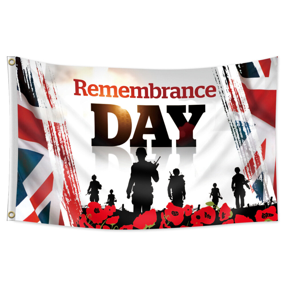Флаг Дня памяти - 150x90 см - Высококачественный полиэстер, древко в комплект не входит - Изображение британских солдат, маков и британского флага, в честь ветеранов и героев Второй мировой войны.