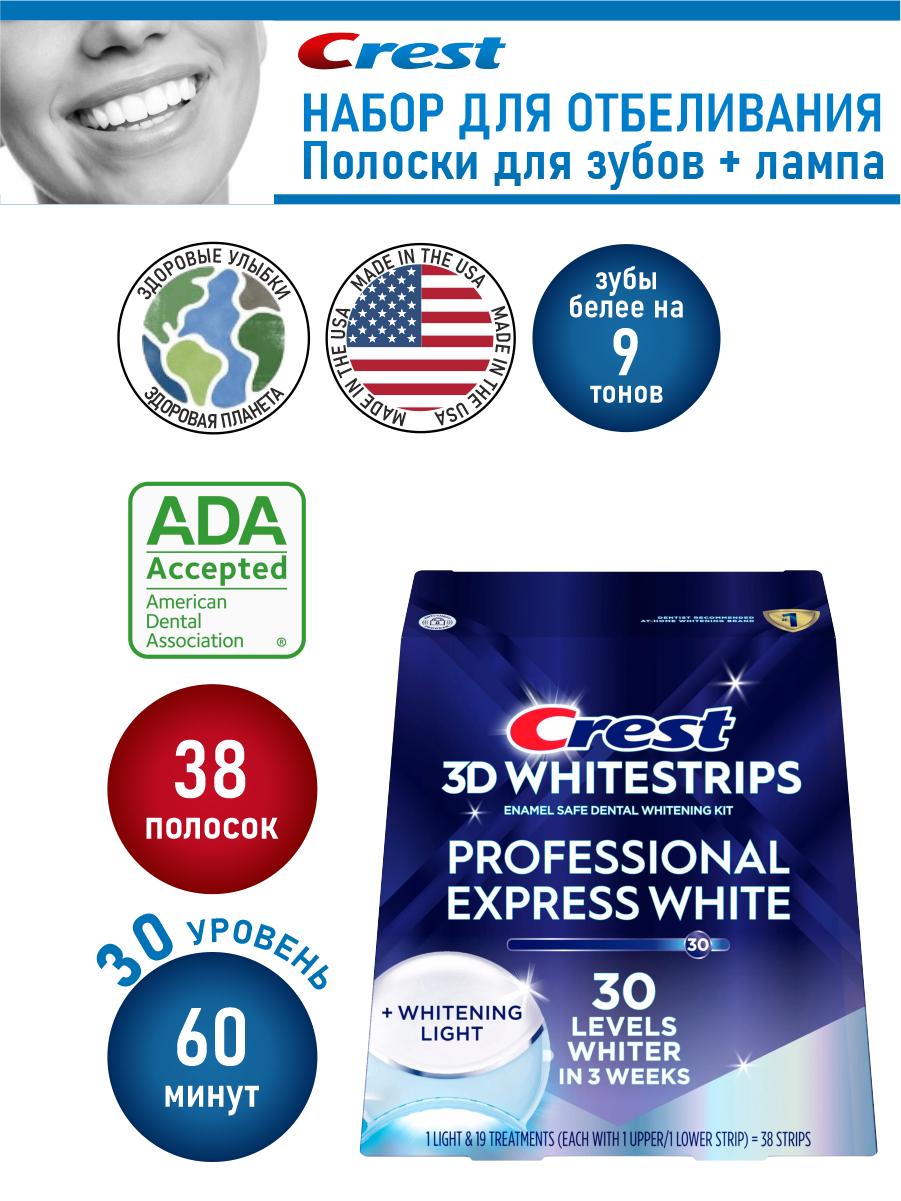 Полоски для экспресс-отбеливания зубов Crest 3D Whitestrips Professional Express 38 штук + лампа