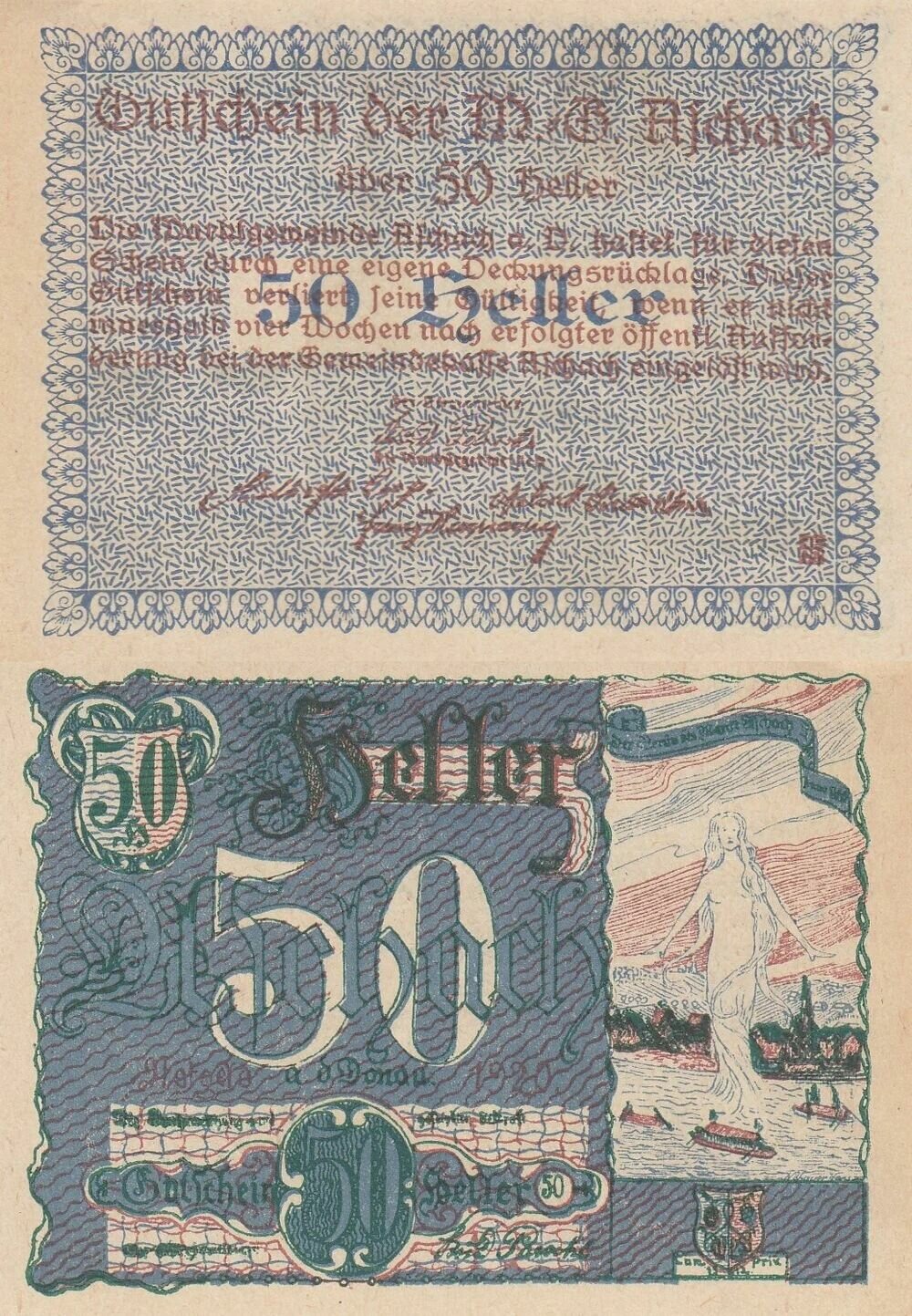 Австрия 50 геллеров 1920 Ашах-ан-дер-Донау aUNC