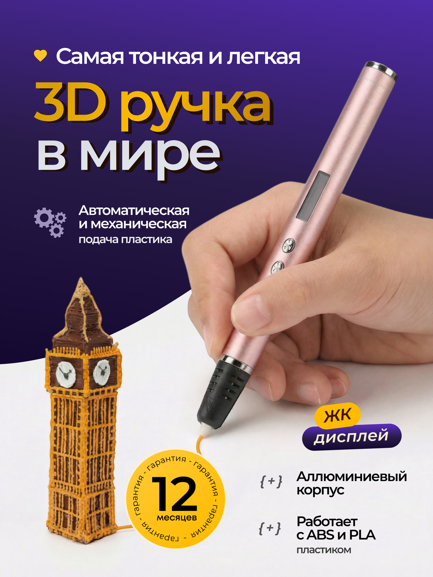 3Д ручки Myriwell 3D-ручка ультратонкая RP900A последнего поколения (Розовое золото)