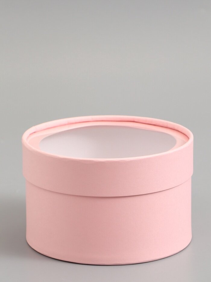 Подарочная коробка круглая, розовая, завальцованная с окном, 16×11 см