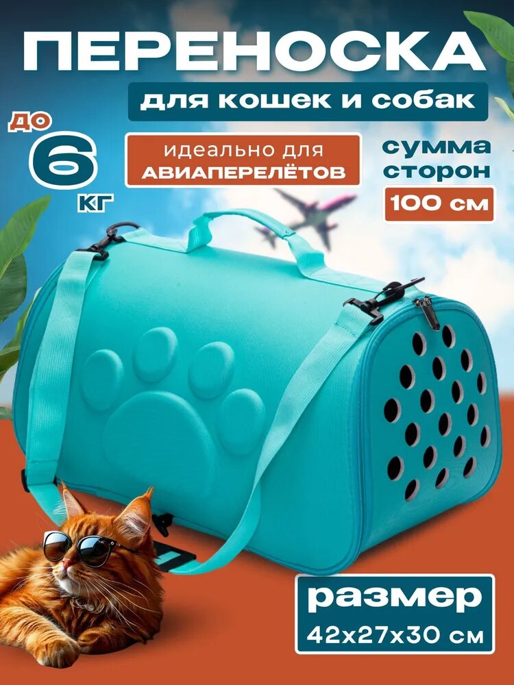 Переноска для кошек и собак ALEX CARE KIDS, сумка с плечевым ремнем, до 6 кг, цвет морской волны