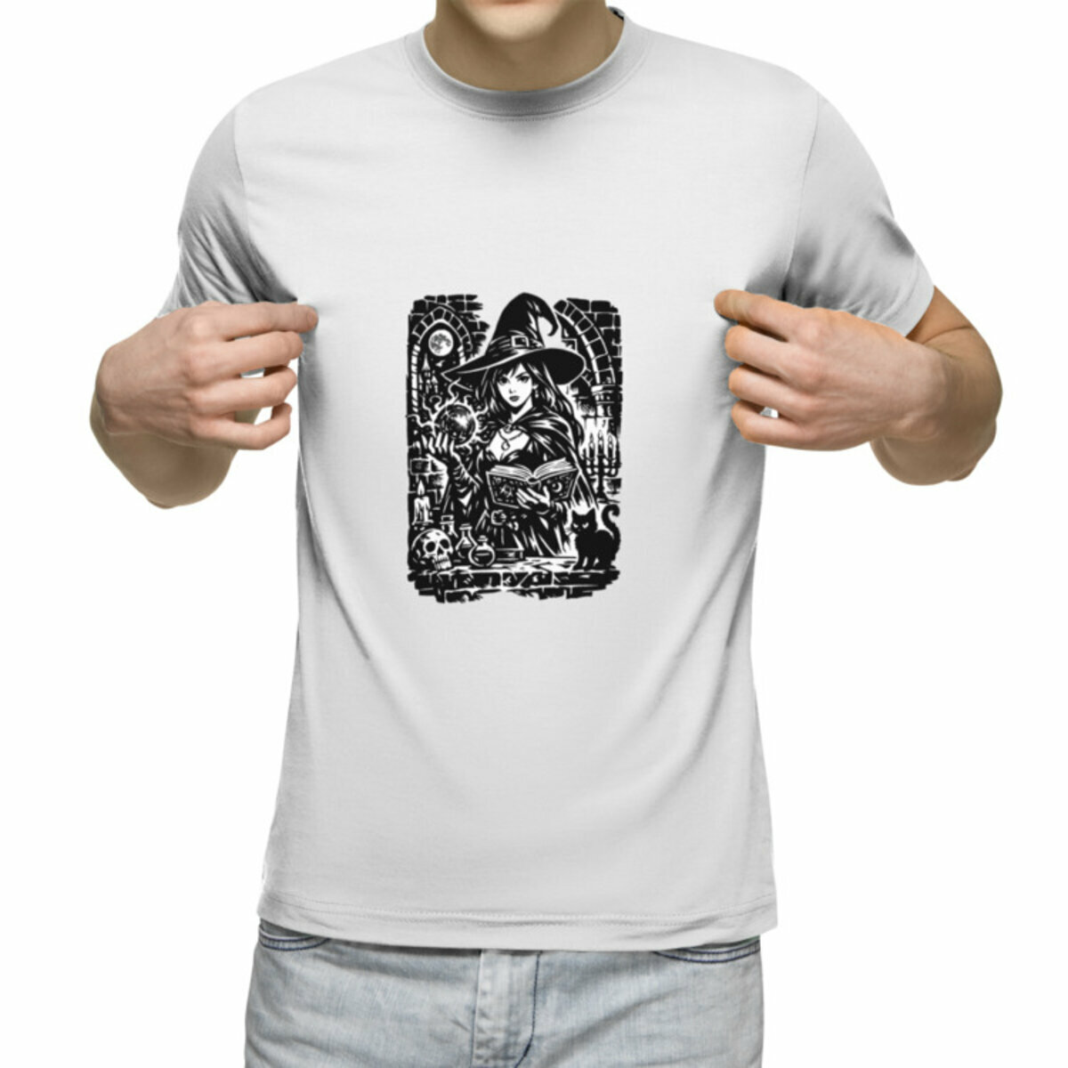 Мужская футболка «Ведьма в замке в готическом стиле» (белый, XL)