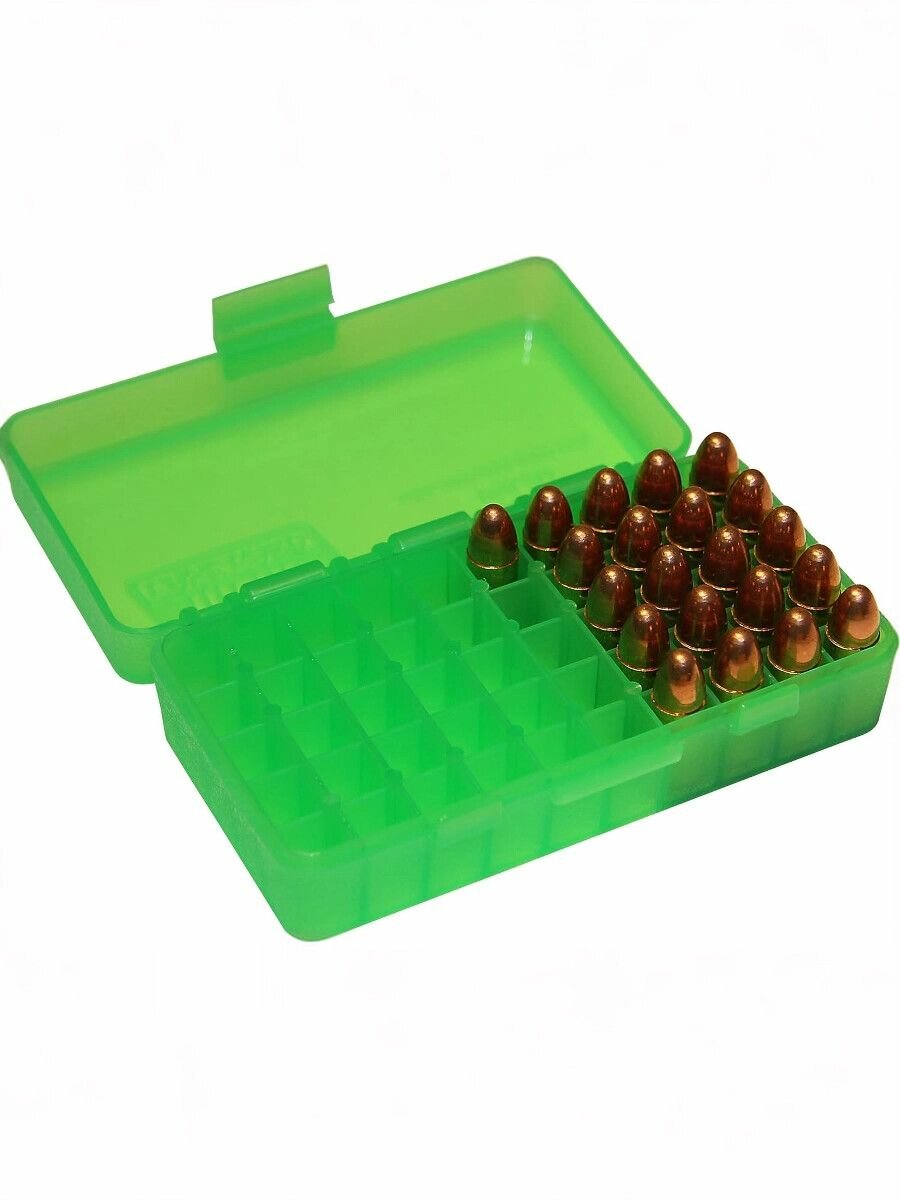Коробка / кейс MTM Case-Gard P50-9M-16 (прозрачный зелёный) для хранения 50 пистолетных патронов 9 мм (9mm Luger, 380 ACP, 9mm Макаров)