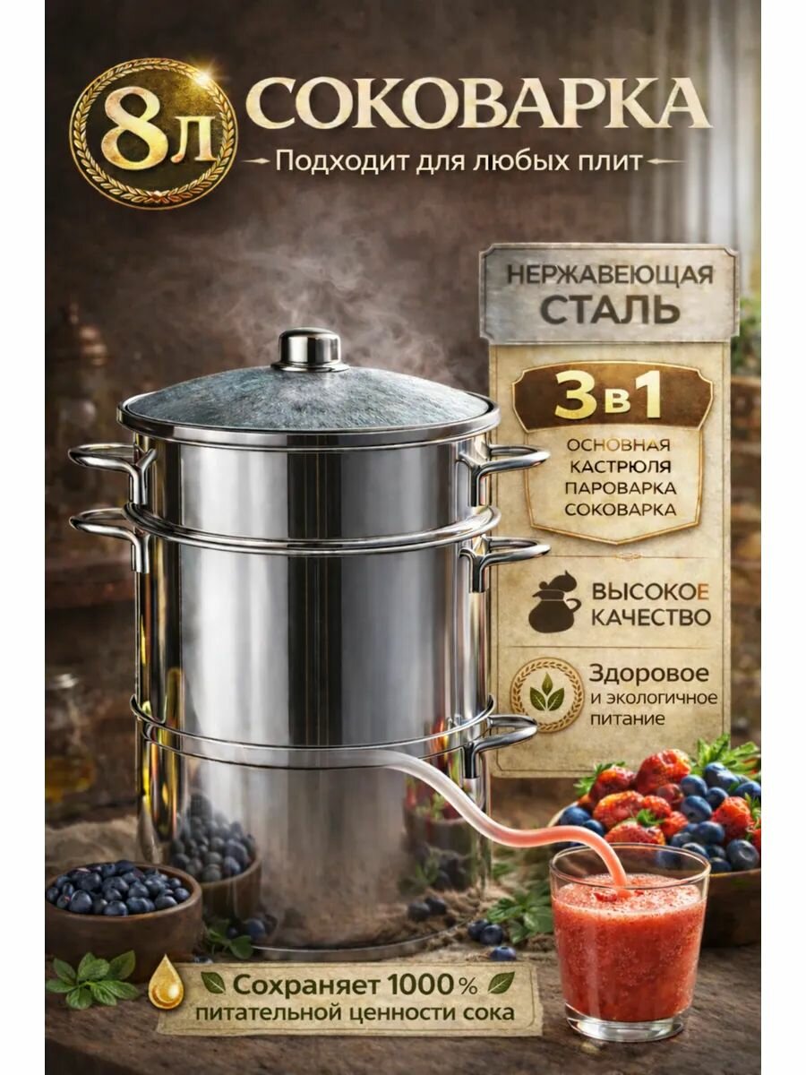 Соковарка, Нержавеющая сталь, 3 яруса,8 л.