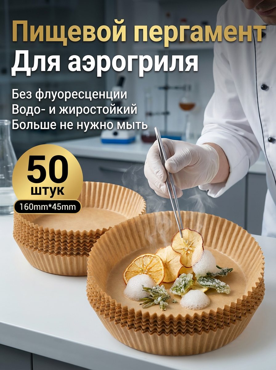 Пергамент вкладыш для аэрогриля, пергаментная бумага для выпечки, форма для выпечки бумажная, цвет бежевый, 20 см, 50 шт