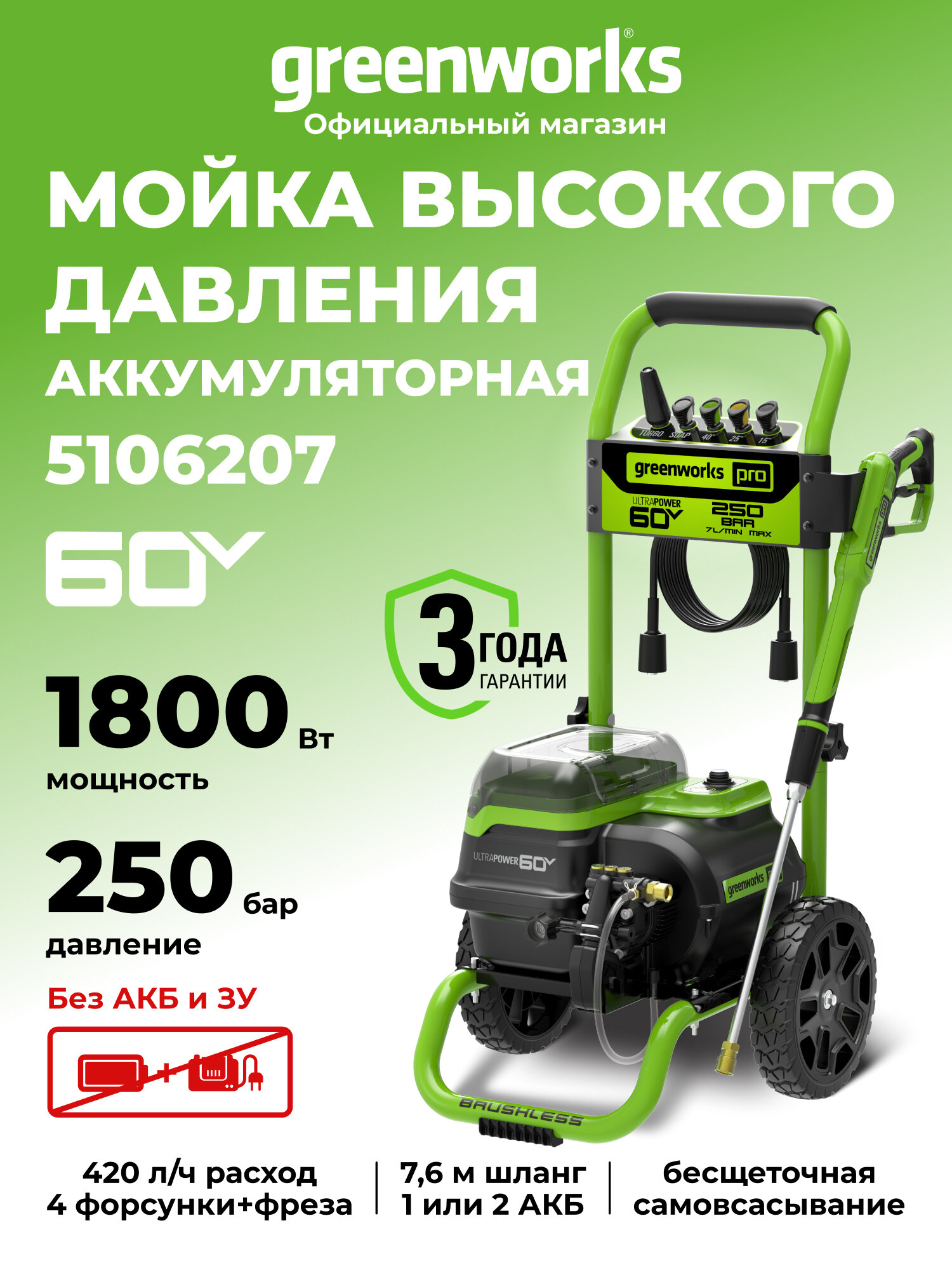 Мойка высокого давления аккумуляторная 60V, 250 бар, бесщеточная, с портом на 2 АКБ