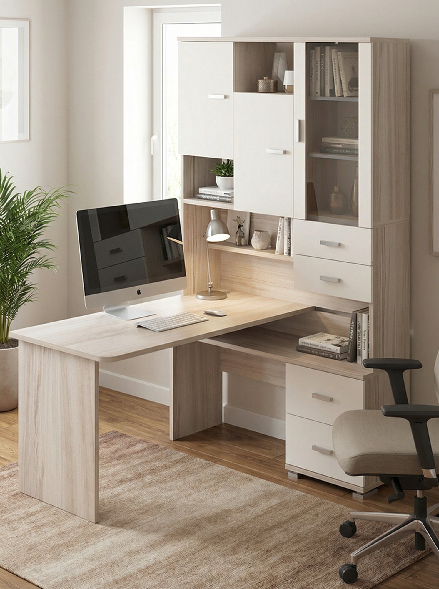 Стол компьютерный Мэрдэс СР-620/140 кбек-прав Карамель/Белый/Карамель, с полками, с ящиками, угловой, 130х140х216 см