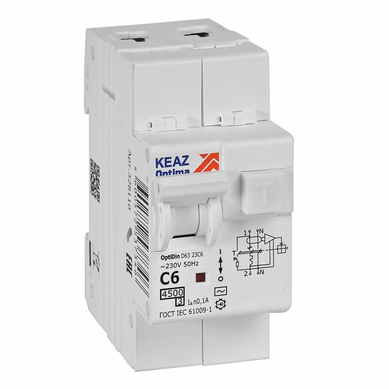 Выключатель автоматический дифференциального тока 2п OptiDin D63-23C6-AC-У3 C6 100мА 4.5кА с защитой от сверхтоков КЭАЗ 328110