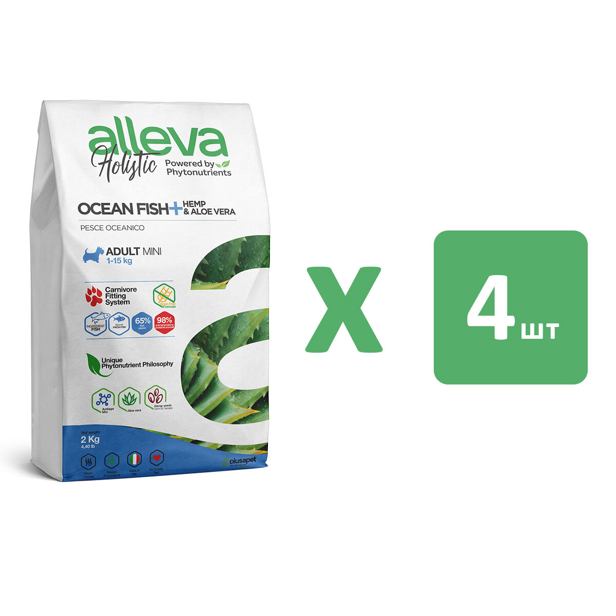 ALLEVA HOLISTIC ADULT DOG MINI OCEAN FISH беззерн д взр соб мал пор океан. рыба, конопля, алоэ вера NEW 2 кг х 4 шт