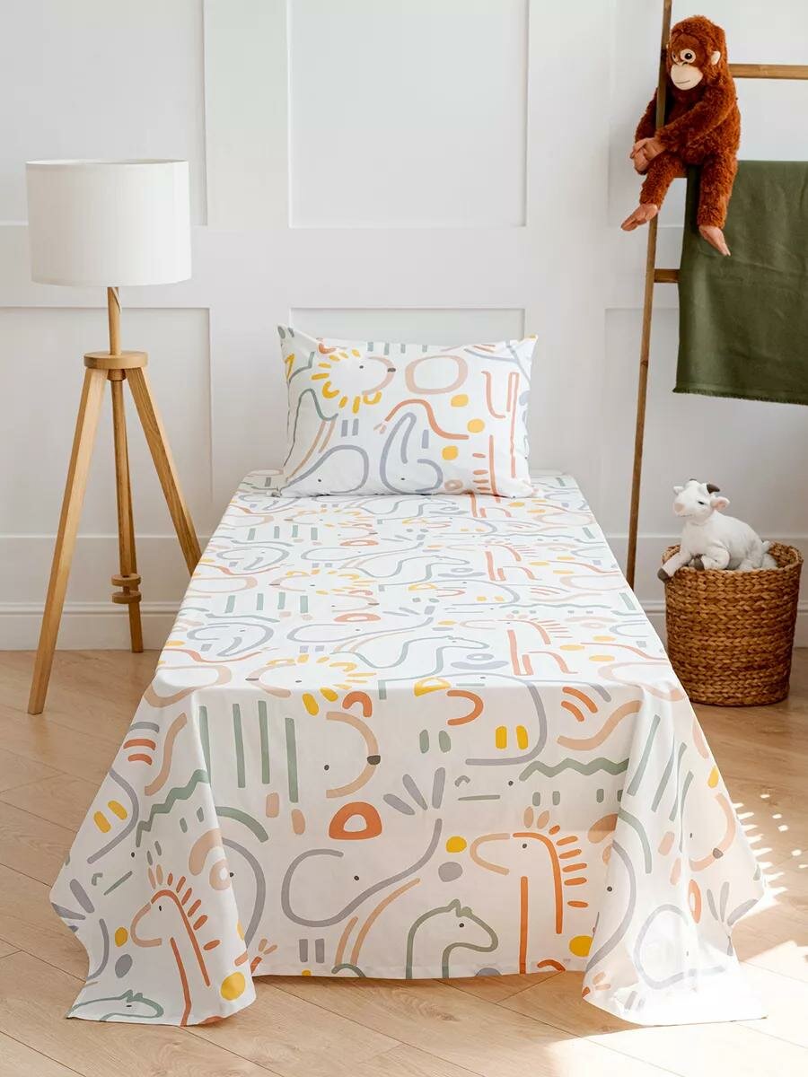 YERRNA Простыня 150х260 см, классическая, аналог икеа, 100% хлопок, перкаль, зоопарк