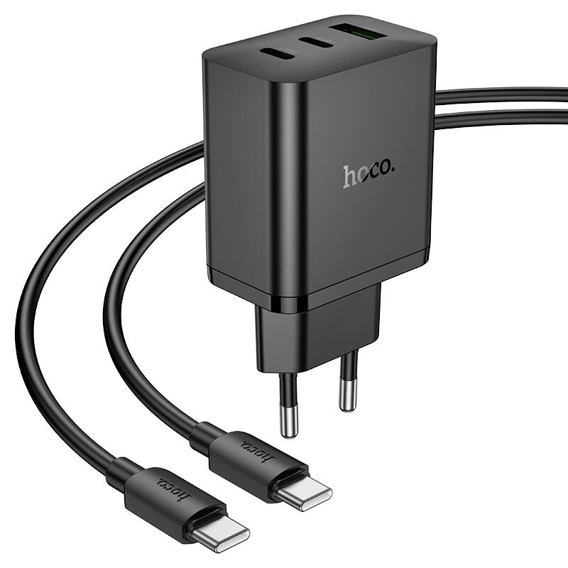 Быстрое зарядное устройство Hoco N50 PD45W 2xType-C + USB с кабелем Type-C to Type-C, цвет черный