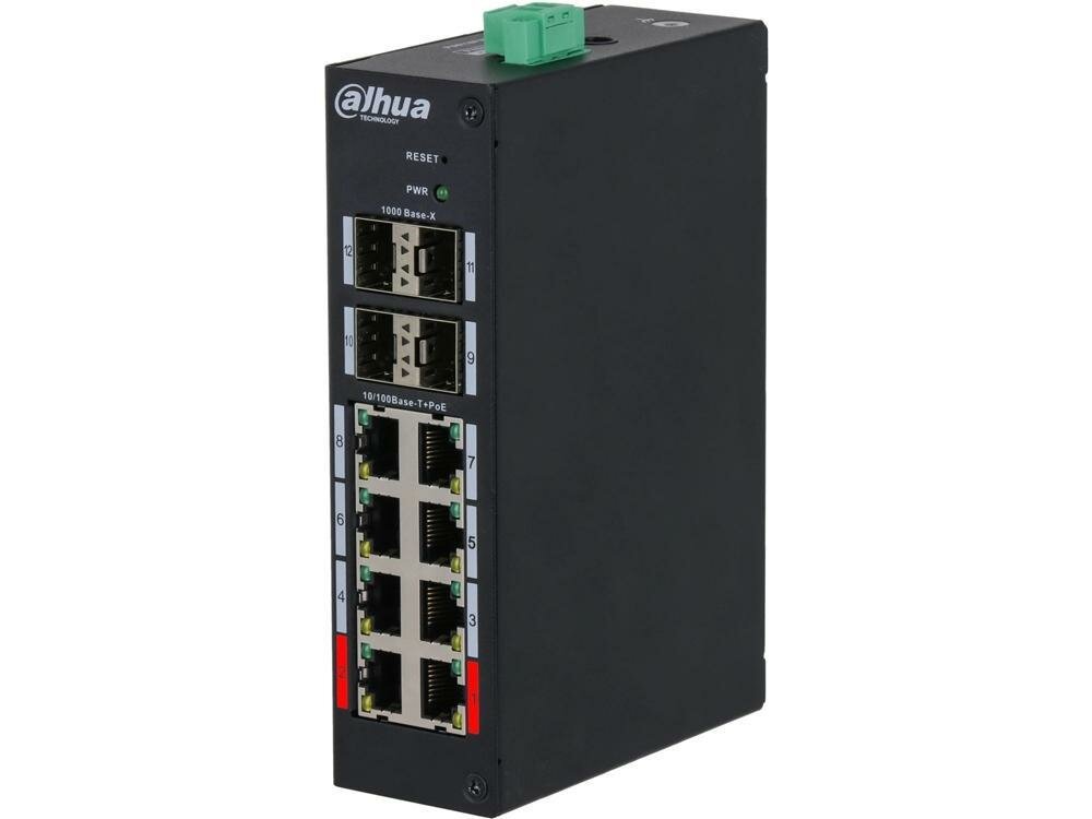 Коммутатор 12-портовый Dahua DH-HS4412-8ET-120, 8x Fast Ethernet PoE, 4x Gigabit Uplink, 120 Вт, PoE