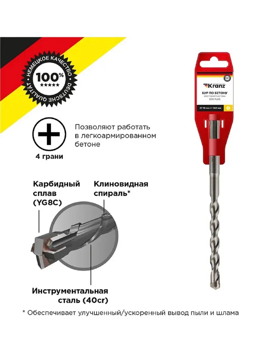 Бур по бетону 10 мм для перфоратора 10x160x100 мм