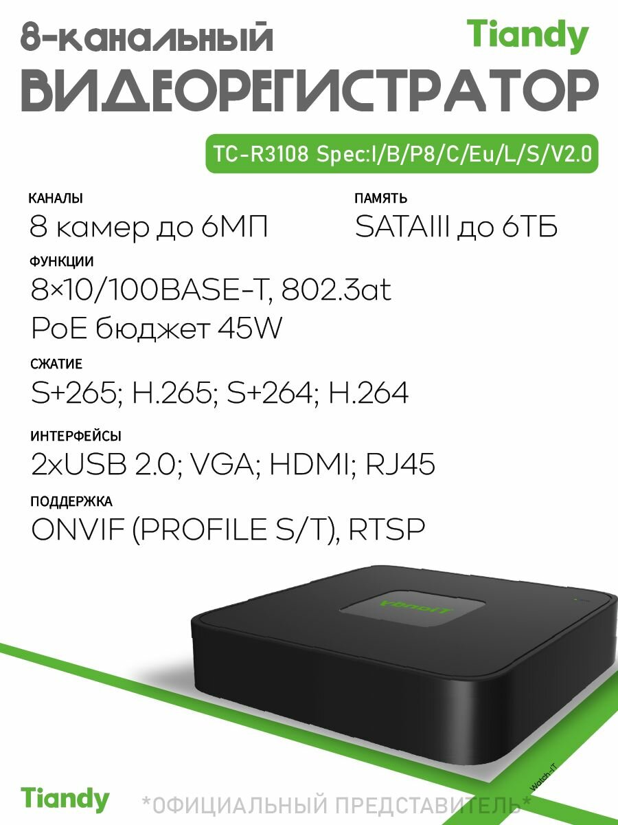 Видеорегистратор 8-канальный PoE Tiandy TC-R3108