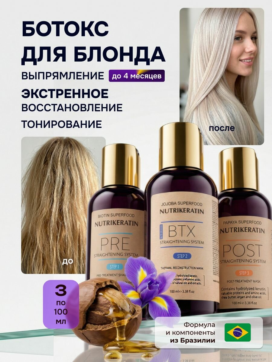 Ботокс для волос профессиональный с синим пигментом для блондинок Nutrikeratin, нейтрализация желтизны и выпрямление волос, набор 3 по 100 мл