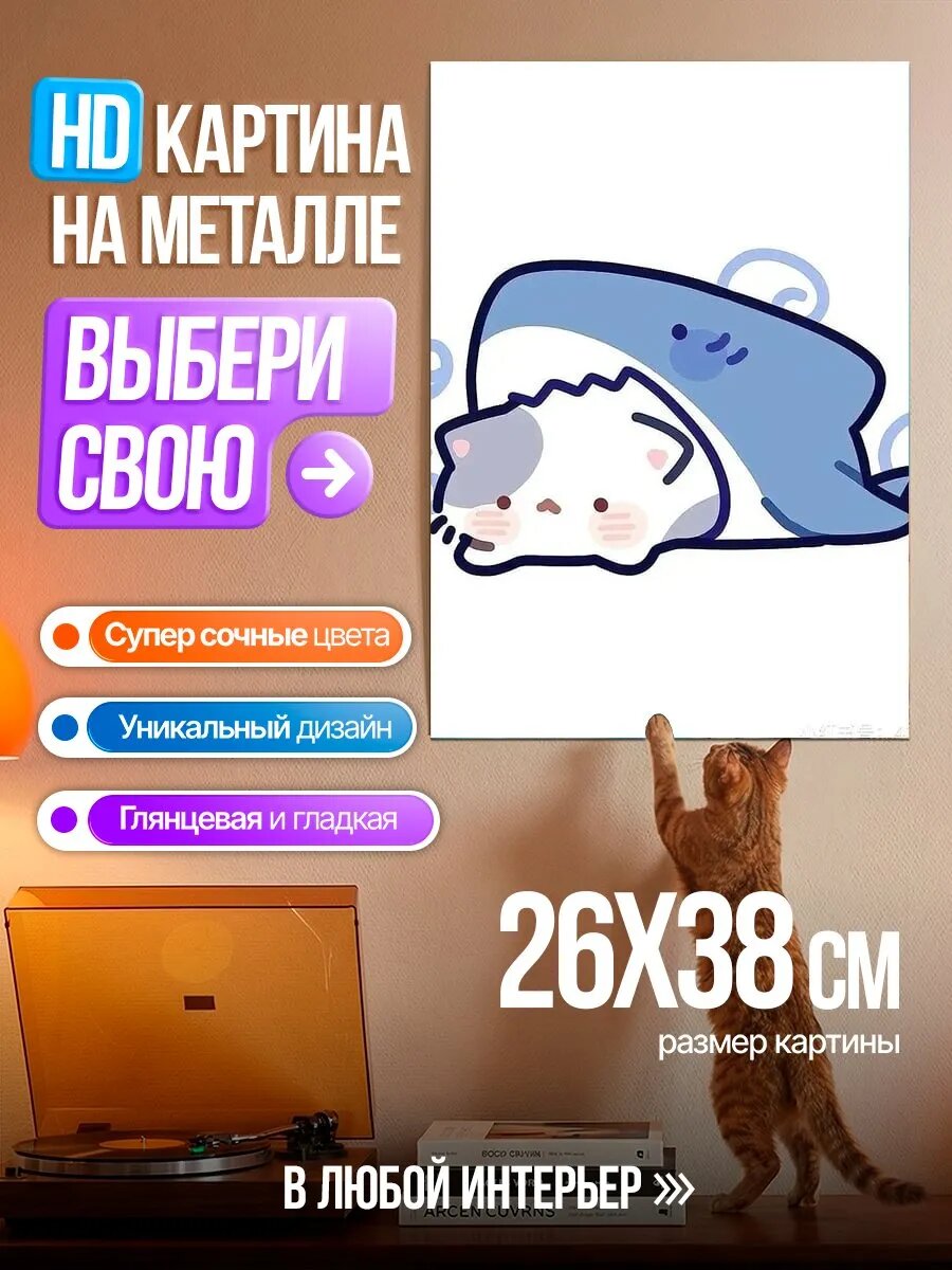 Картина на HD металле Кот под акулой