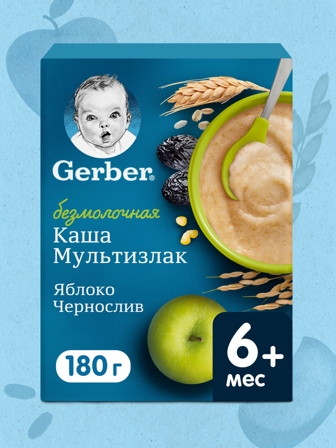 Каша Gerber безмолочная мультизлаковая с яблоком и черносливом с бифидобактериями, с 6 месяцев, 180 г