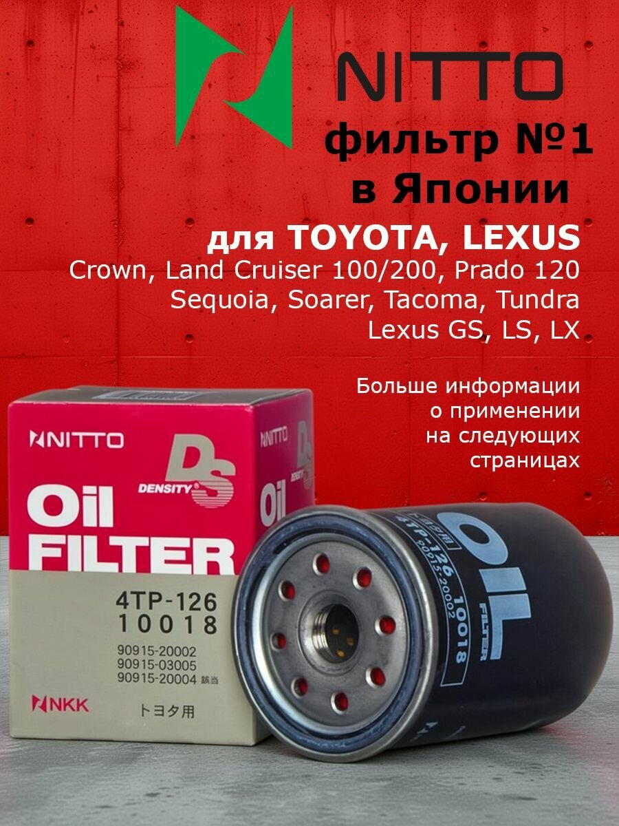 Фильтр масляный Nitto для Toyota Land Cruiser 100; Prado 120 4л; Sequoia; Tacoma; Crown; Aristo; FJ Cruiser; Lexus LX470; GX470, LS, бензиновые двигатели: 1UZFE, 2UZFE, 3UZFE, 1GRFE