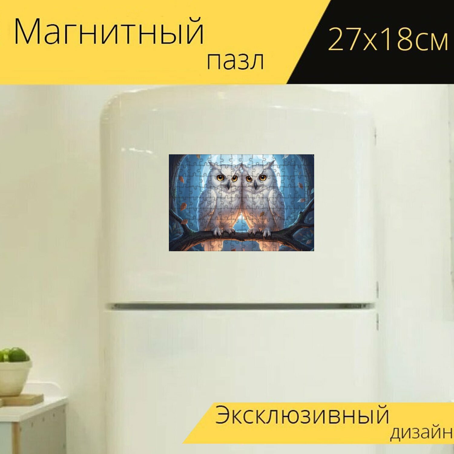 Магнитный пазл "Две белые совы в лесу. Нежная сказочная иллюстрация с парой белоснежных филинов на ветке, лунным сиянием, осенними листьями и уютным." на холодильник 27 x 18 см.