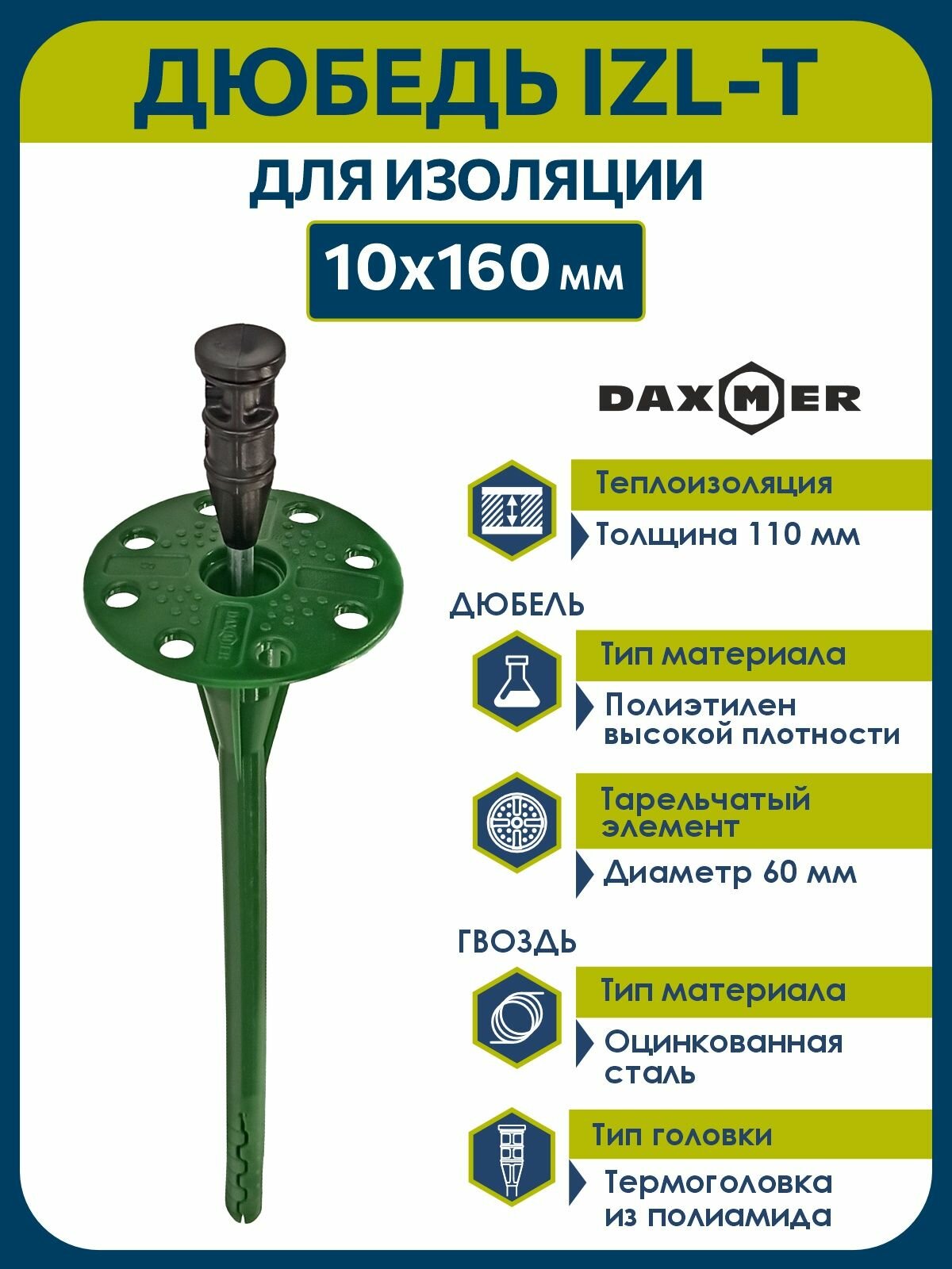 Дюбель для теплоизоляции IZL-T 10х160 (30шт) с металлическим гвоздем с термоголовкой ИЗМ